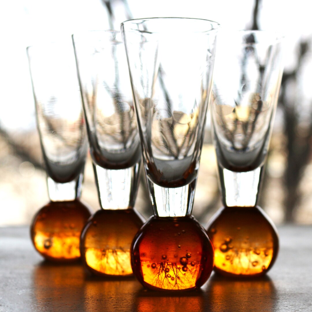 Hand Blown Orange Liqueur Shot Glass Set of Four: Bubble Base Glassware ...