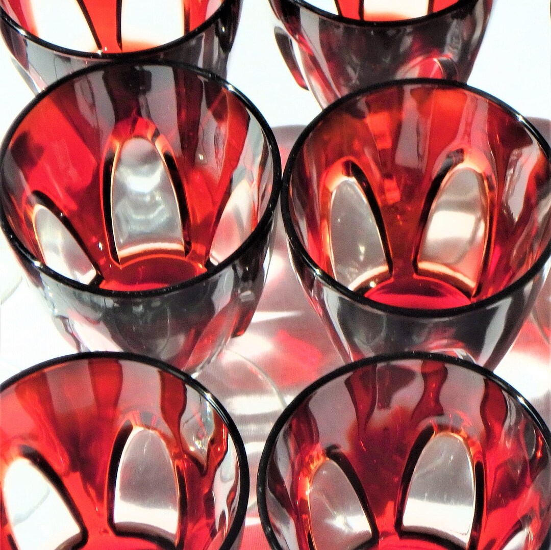 Set of 4 Vintage Red Cut to Clear Crystal Shot Glasses, Gothic Arch ...