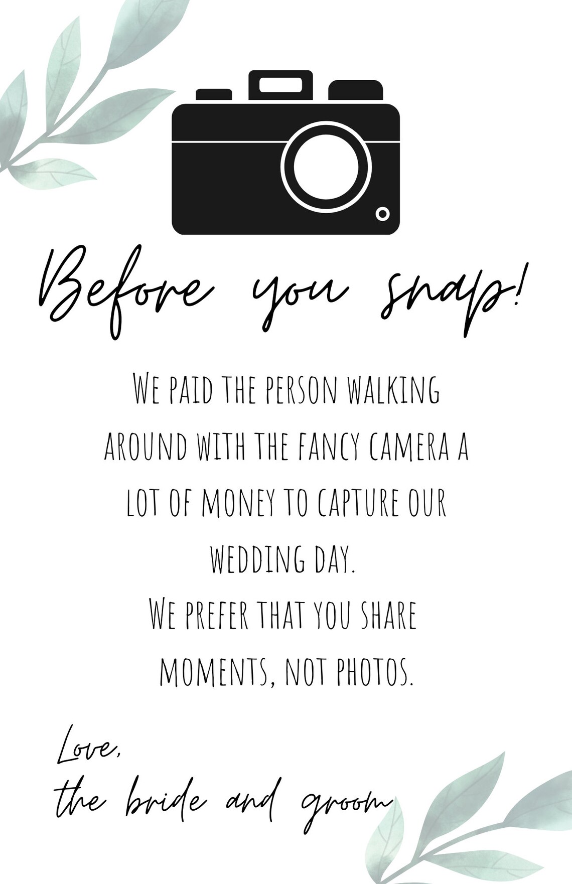 Wedding Sign Reception Sign No Photos Printable Wedding Sign Minimal ...