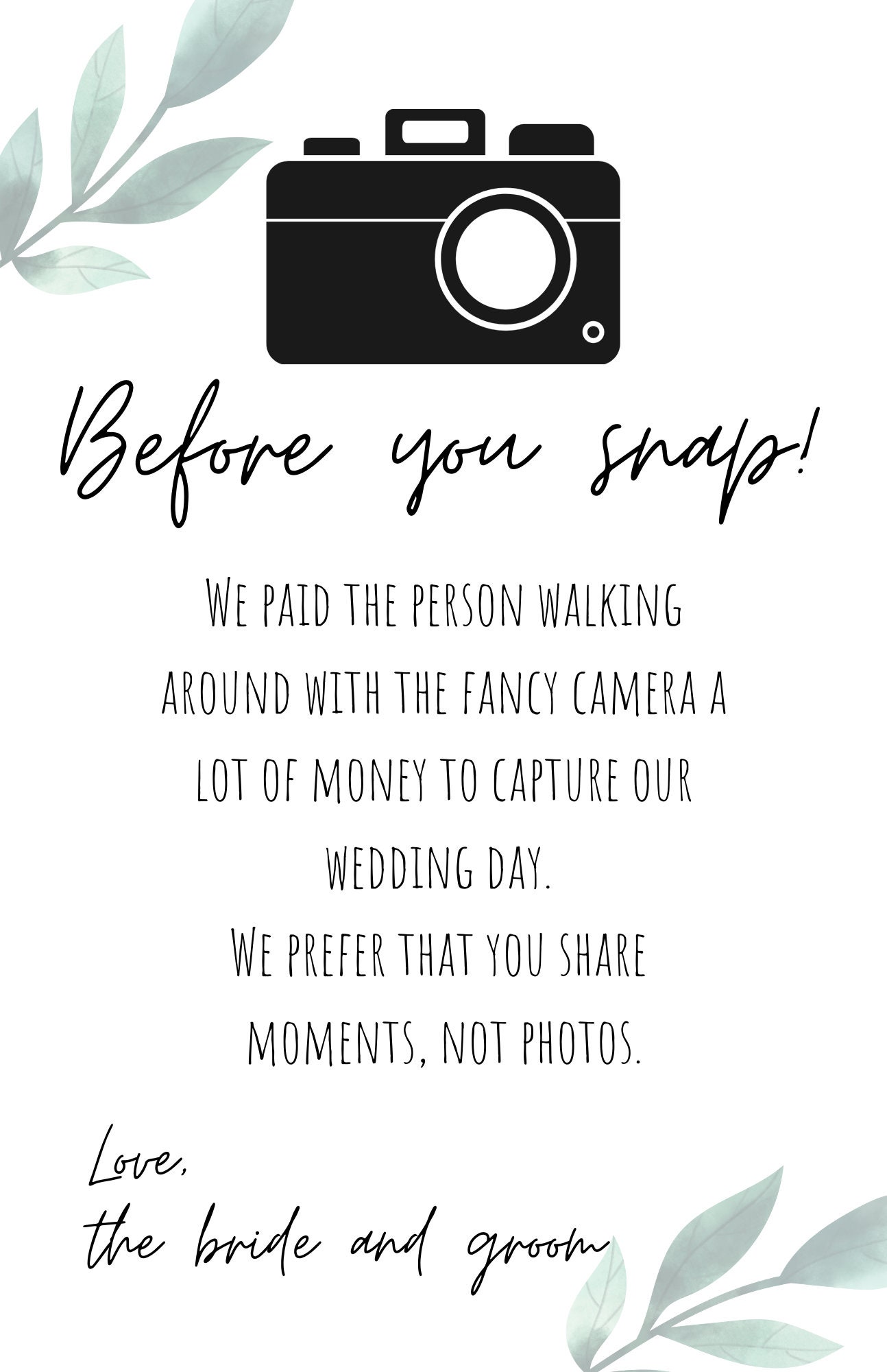 Wedding Sign Reception Sign No Photos Printable Wedding Sign Minimal ...