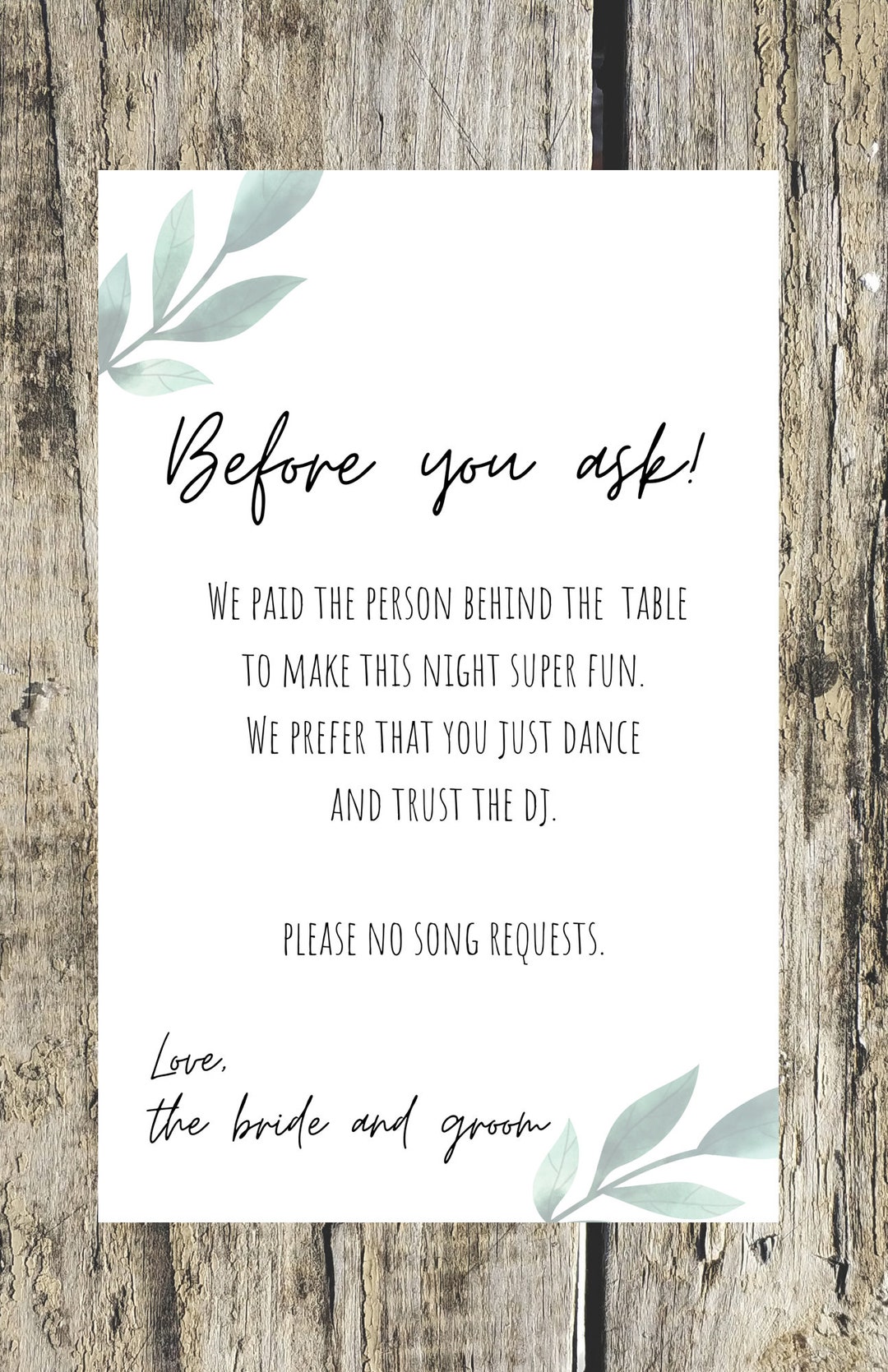 Wedding Sign Reception Sign No Requests DJ Sign Printable Weddingsign ...