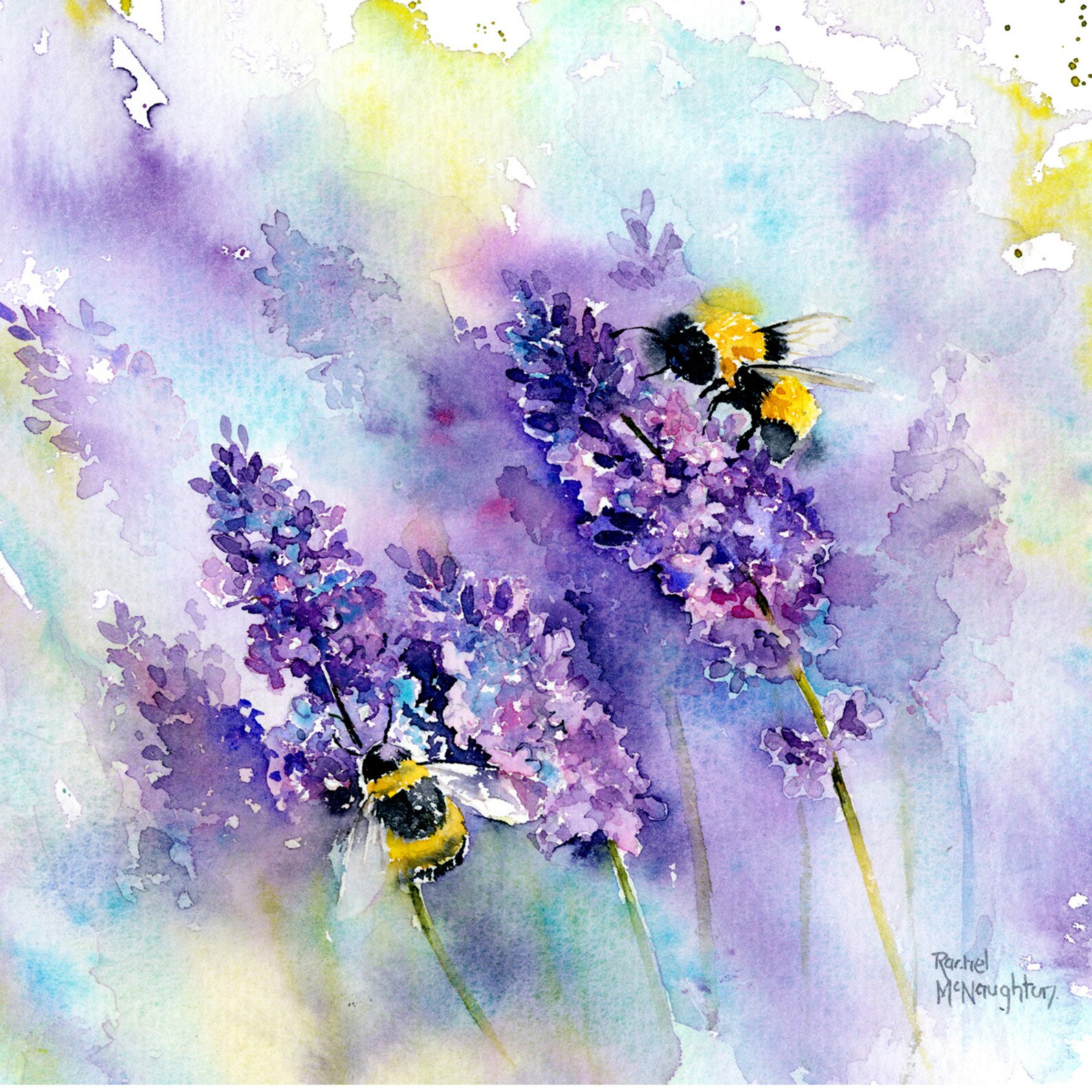 Home Decor, Wall Art, Painting of Bees. Watercolour Art Print, Lavender ...
