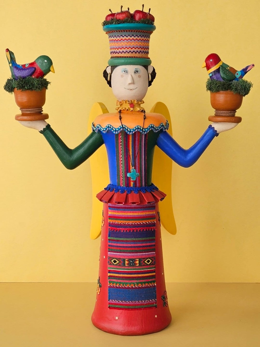 Colorful Wooden Folk Art Angel Holding Birds While Balancing Apples on ...