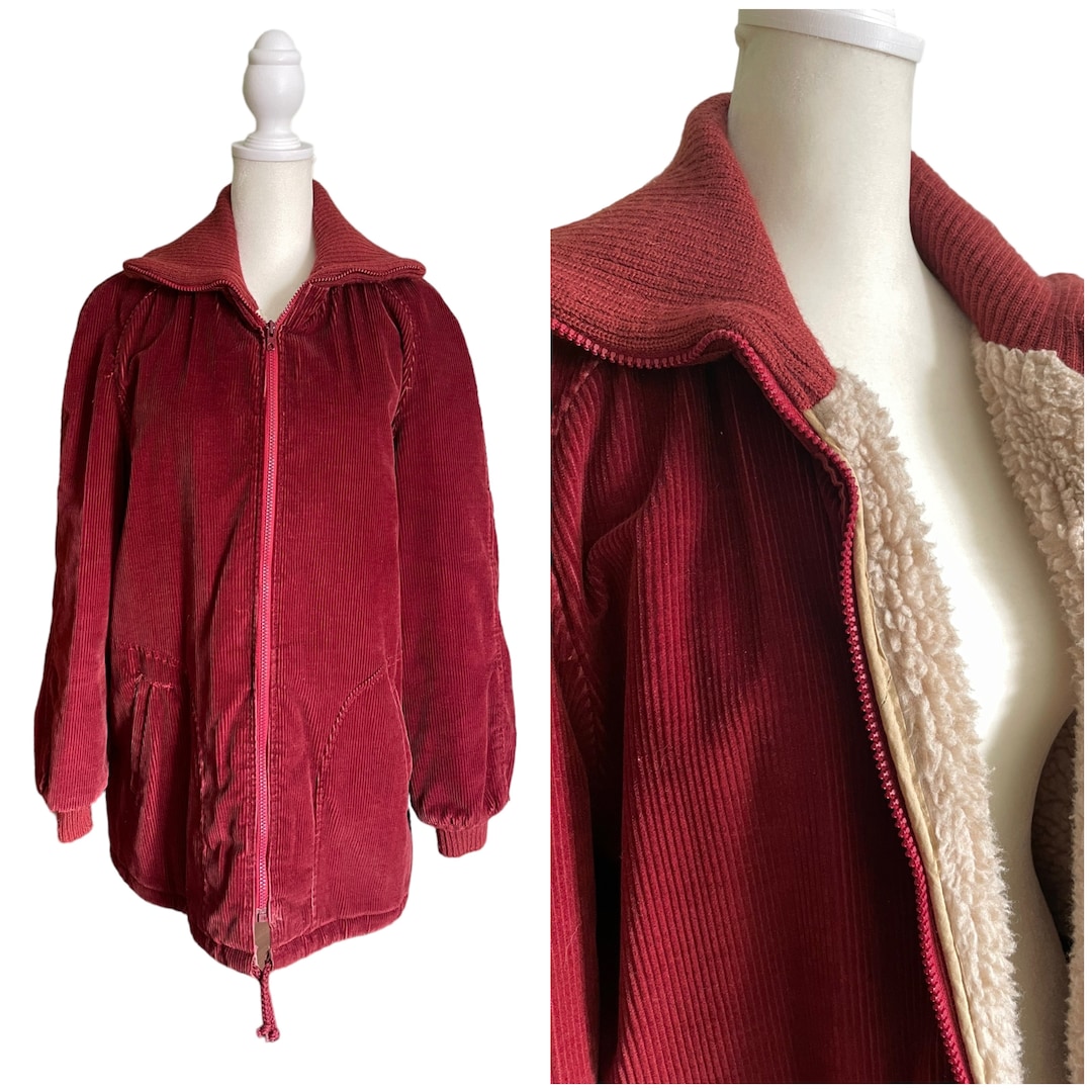 80s Maroon Corduroy Wool Trim Parka Coat Vintage Dark Red Long Coat 80s ...