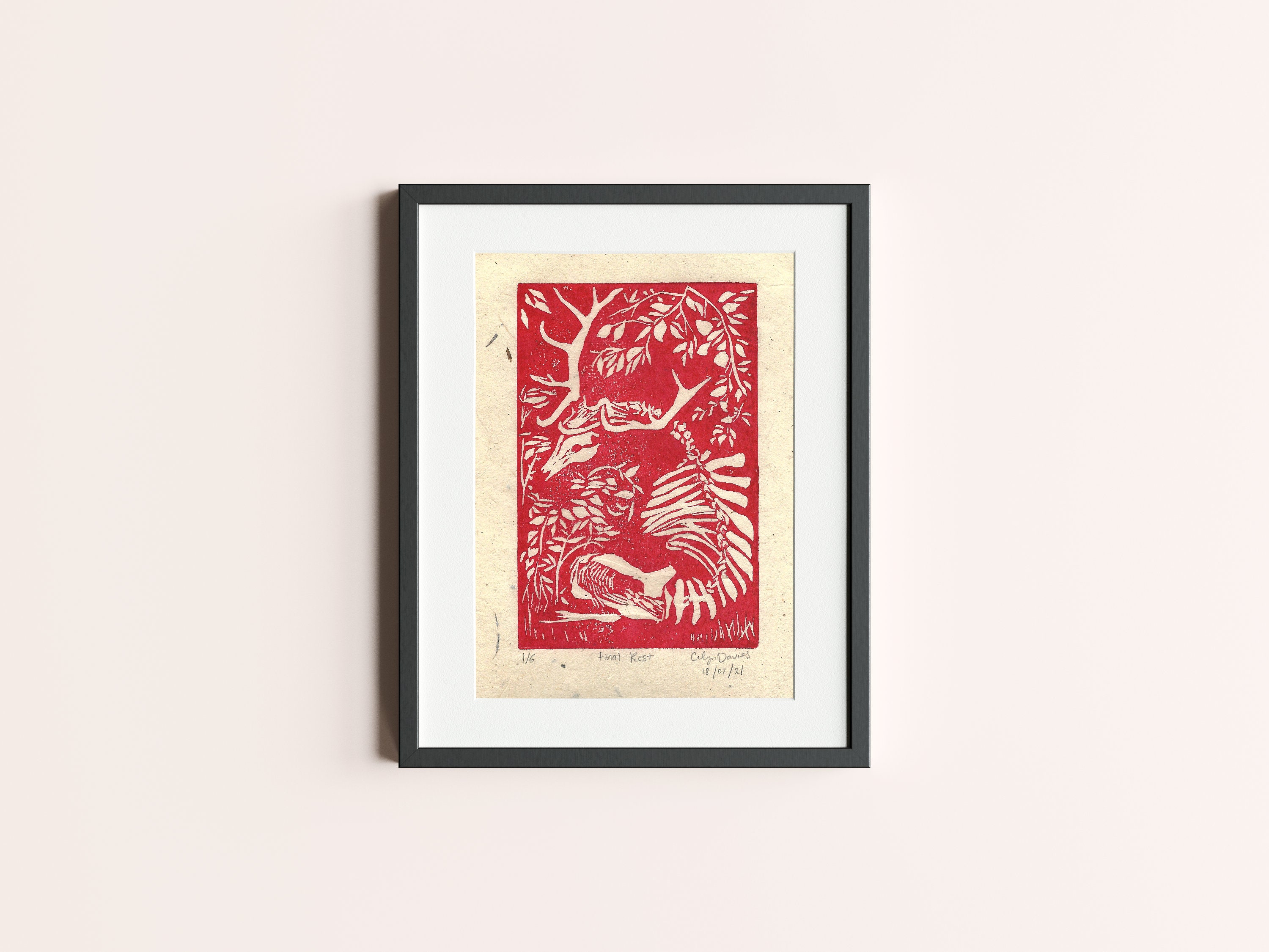 Deer skeleton Lino block print on handmade paper | Etsy