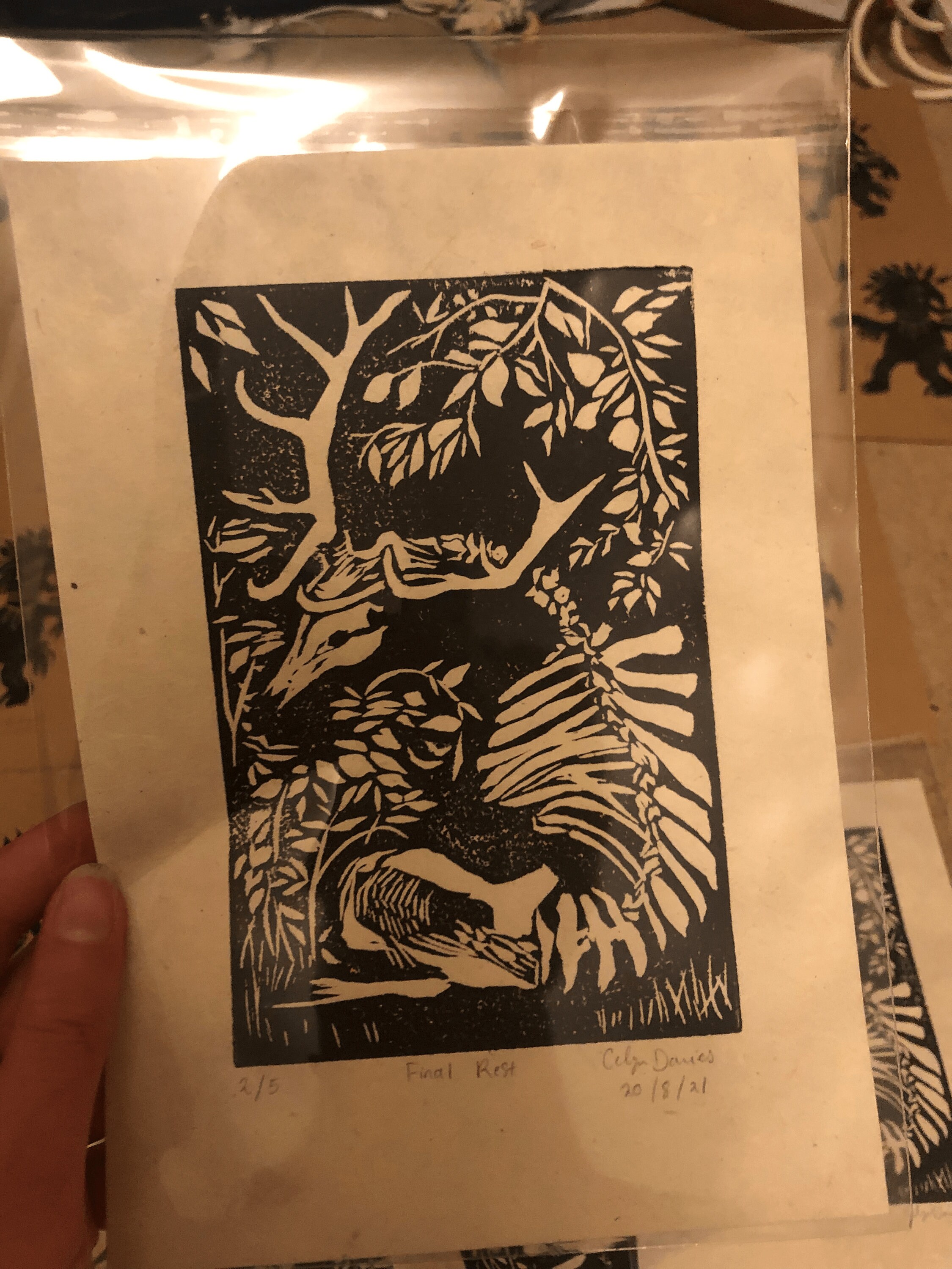 Deer skeleton Lino block print on handmade paper | Etsy