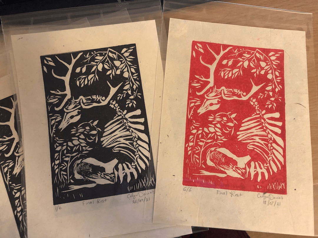 Deer Skeleton Lino Block Print on Handmade Paper - Etsy