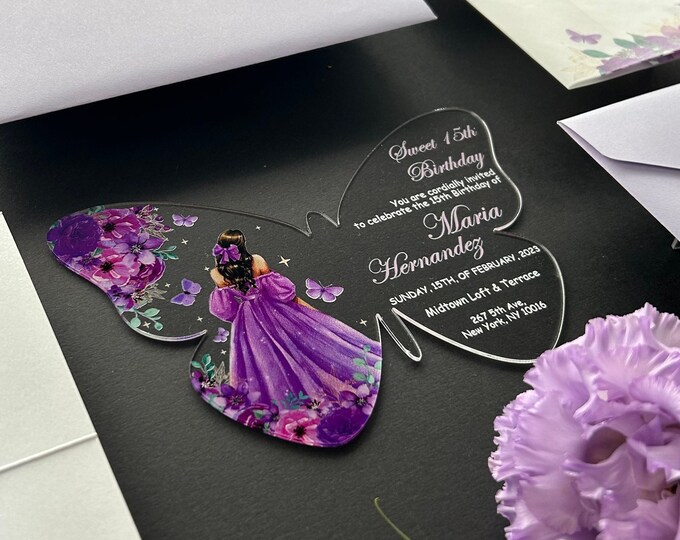 Purple Quinceañera Acrylic Butterfly Invitation With Princess, Acrylic ...