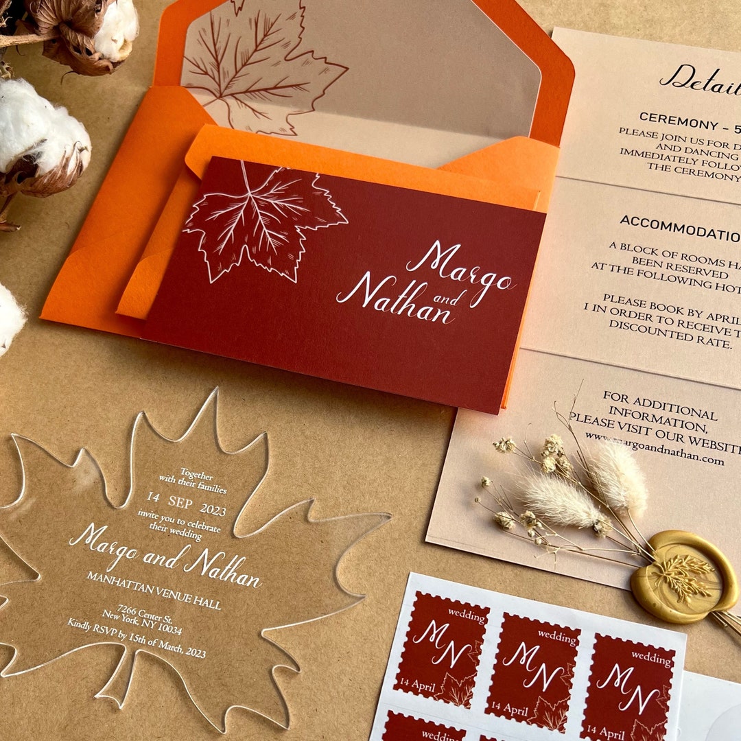 Maple Leaf Wedding Invitations, Acrylic Wedding Invitations, Fall ...