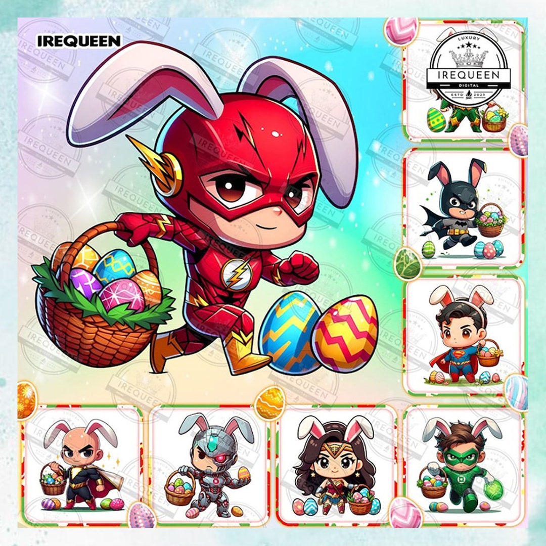8 Chibi Superhero Easter Cartoon Png Bundle, Cartoon Easter Png, Happy ...