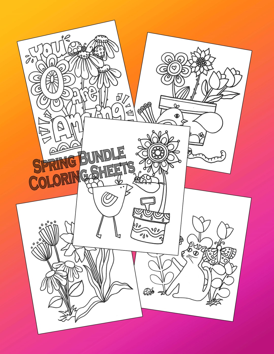 Coloring Sheets - Spring Bundle of Hand-drawn Flowers, Birds, Bugs ...