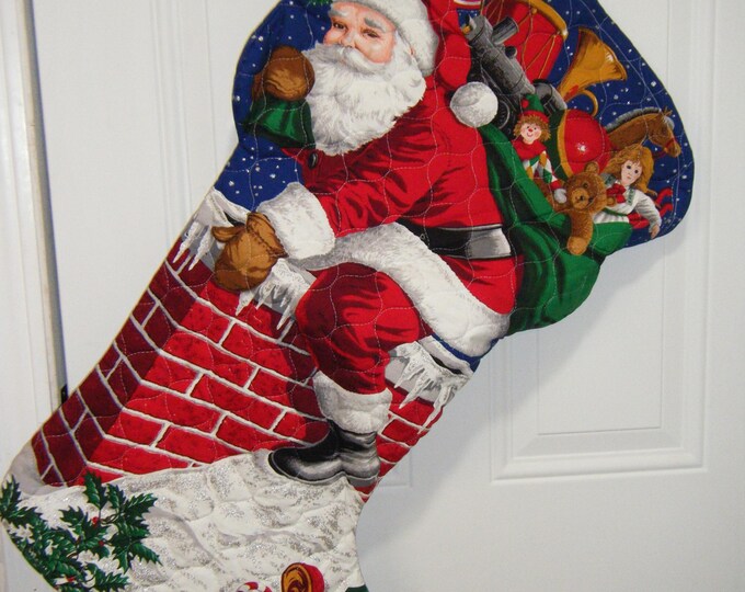 Vintage Cranston Santa's Visit Jumbo Quilted Christmas Stocking ...