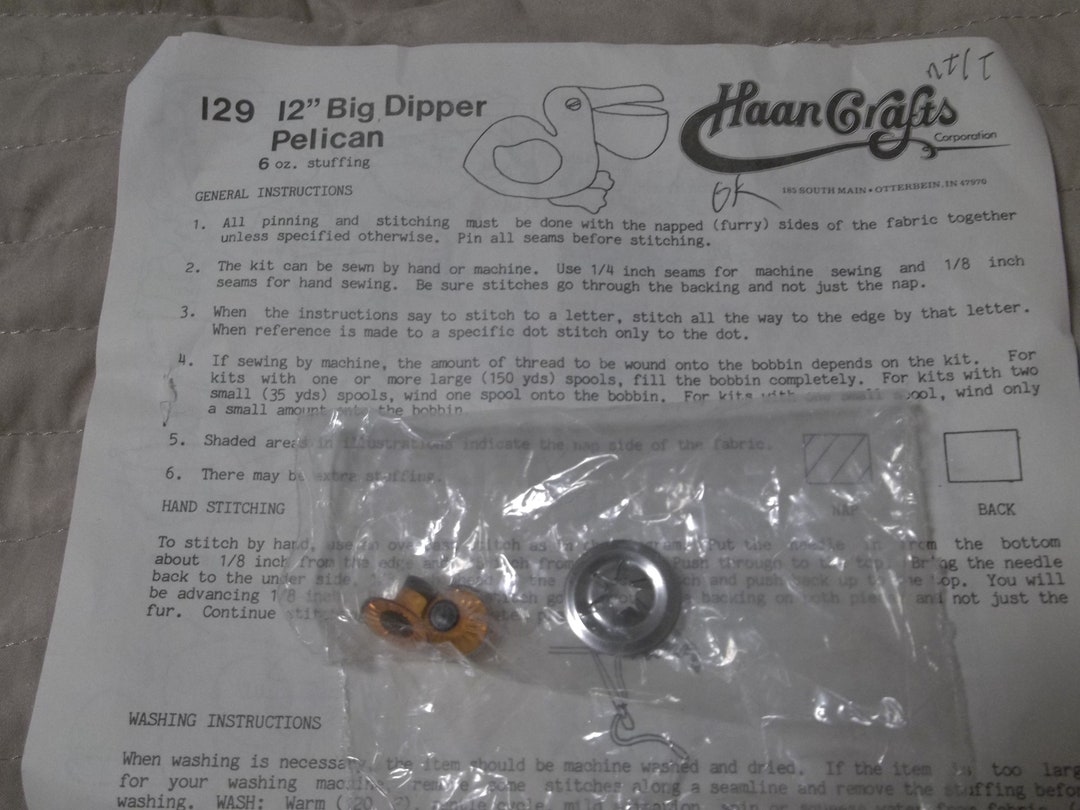 Vintage Haan Craft Kit 129 12 Big Dipper Pelican Plush Animal Kit - Etsy