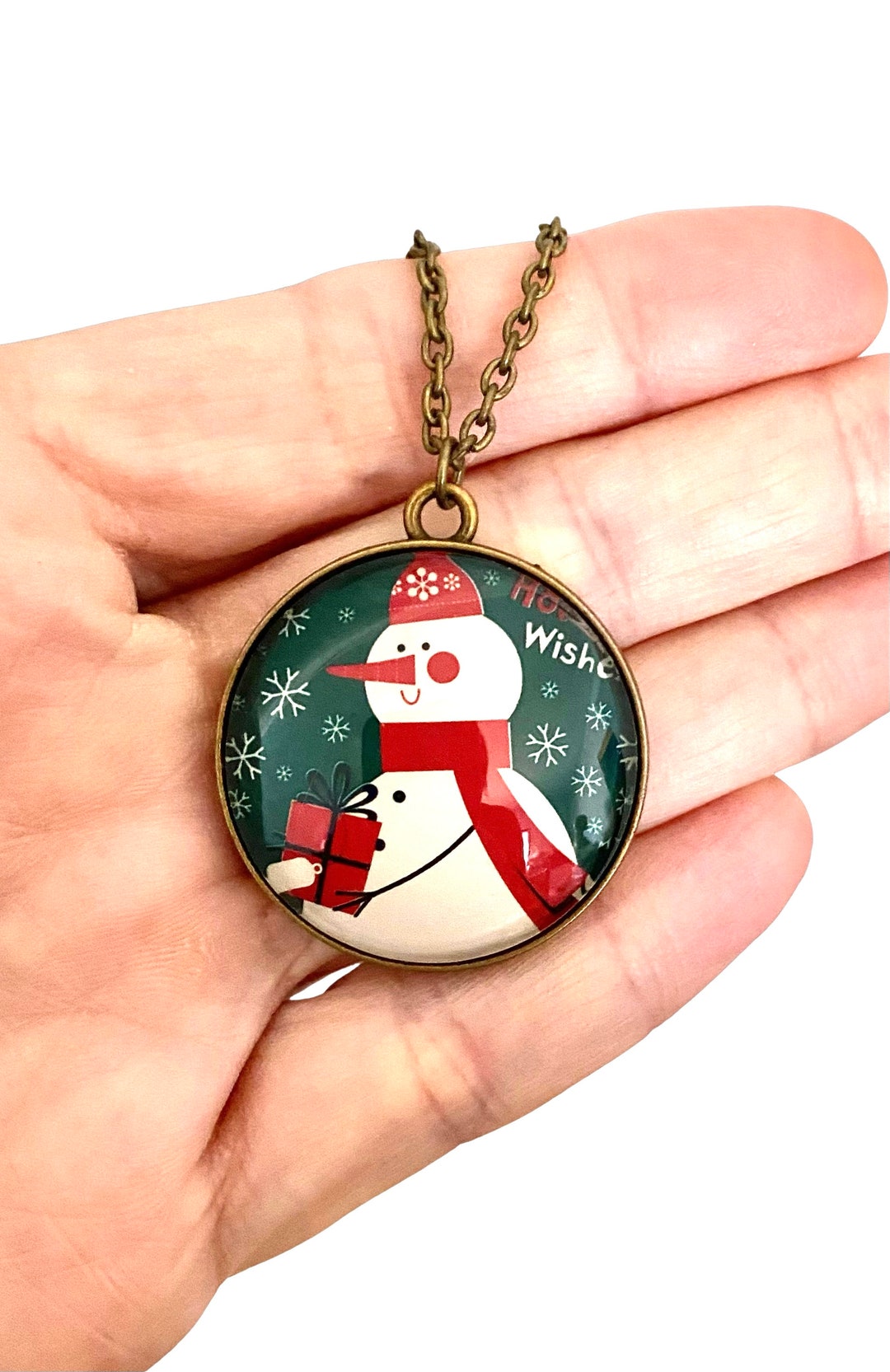 Snowman Pendant Necklace: Acrylic Metal Style, Antique Gold Tone, 28-30 ...