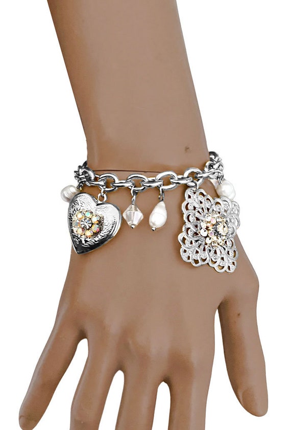 Early 2000s Silver & Gold Tone Charmed Bracelet Clear… - Gem