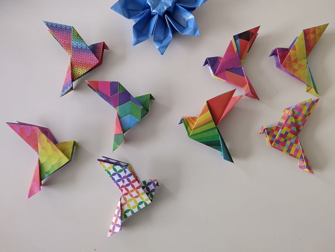 Set of 8 Medium Size Origami Flying Birds in Rainbow Patterns / Hanging ...