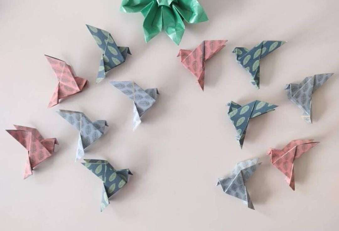 Handmade Origami Little Flying Birds (set of 12): Pink & Green Kiribati ...