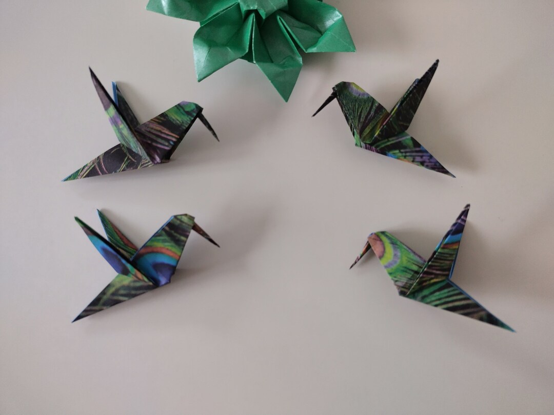 Set of 4 Handmade Origami Little Flying Hummingbirds in Nature Patterns ...