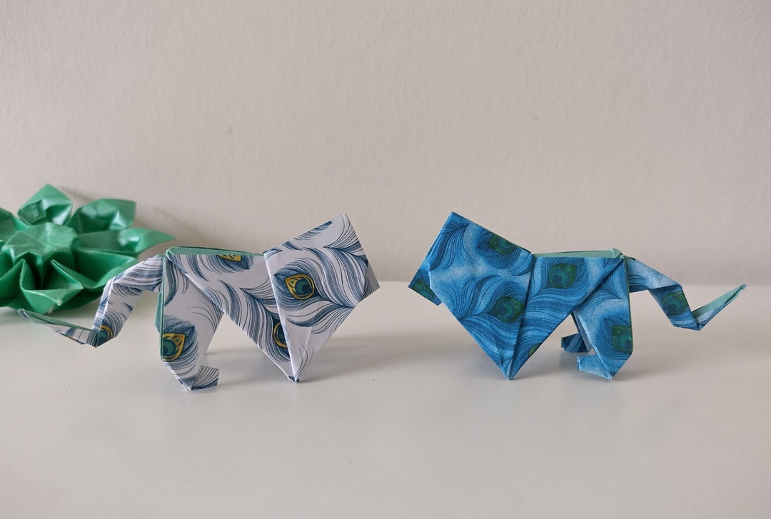 Origami Lions (set of 2): Peacock Feather Pattern, Handmade Paper ...
