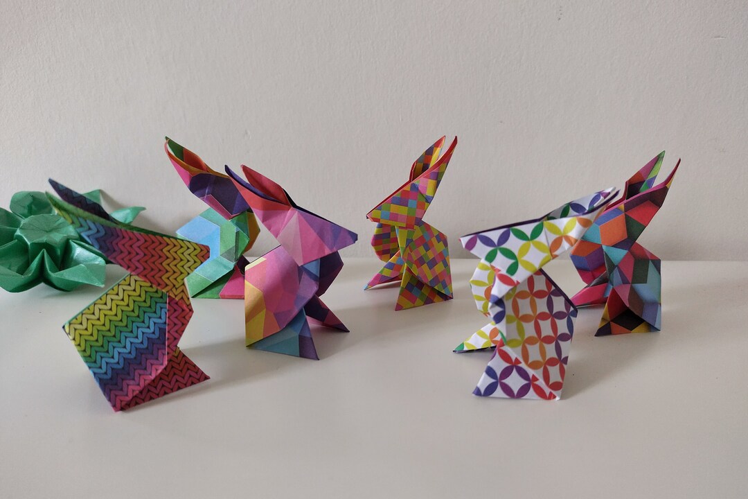 Set of 6 Handmade Origami Multicoloured Rabbits in Rainbow Patterns ...