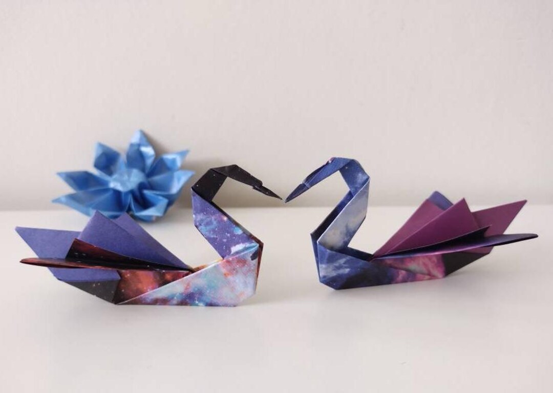 Handmade Origami Swans (set of 2): Milky Way Patterned Paper Decor, Eco ...