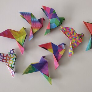 Set of 8 Medium Size Origami Flying Birds in Rainbow Patterns / Hanging ...
