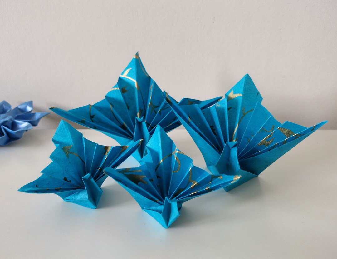 Handmade Origami Turquoise Family of Peacocks With Gold Floral Print ...