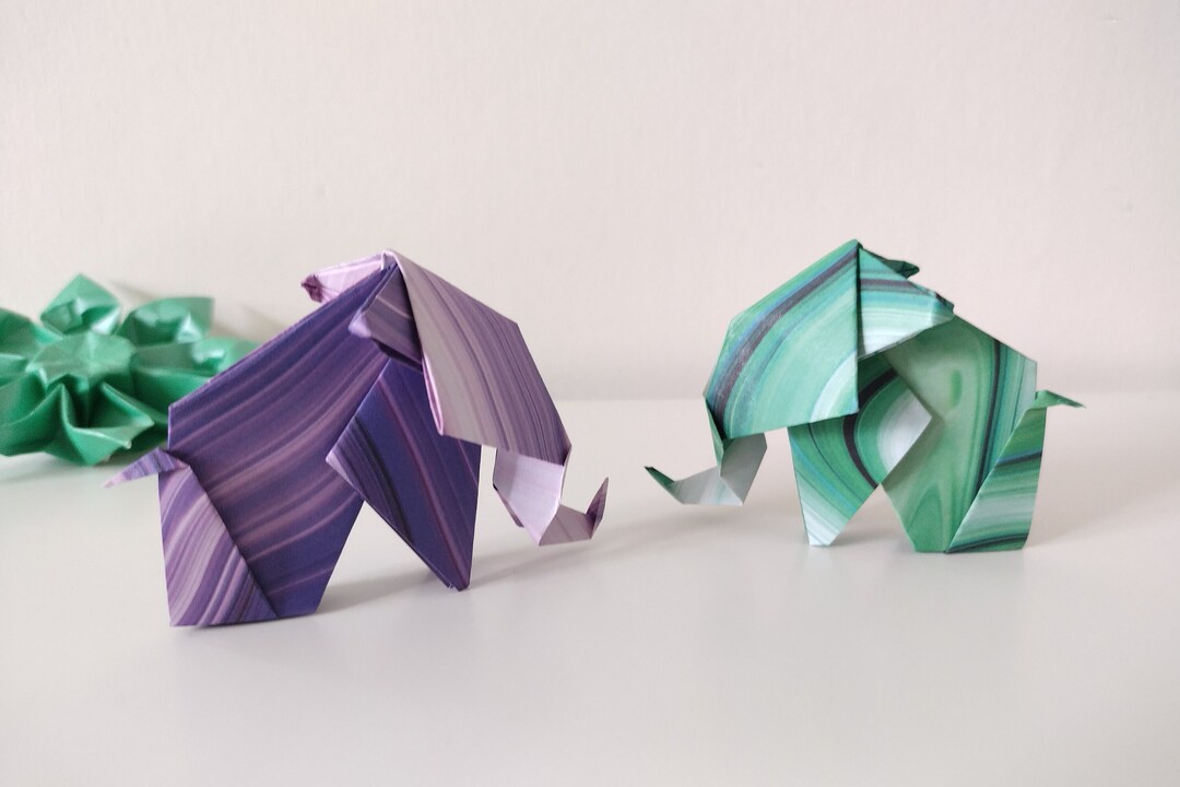 Handmade Marbled Origami Elephants (set of 2): Purple Green Paper Decor ...