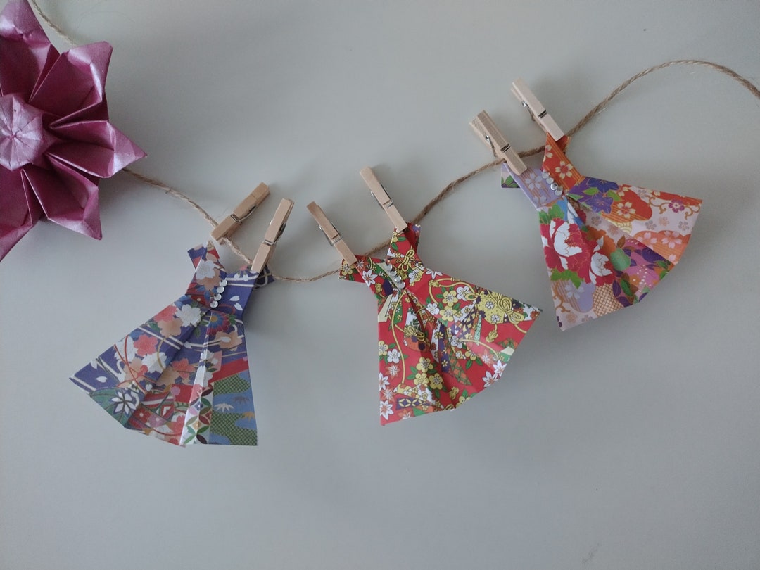 Set of 3 Handmade Origami Colourful Little Dresses With Flower Pattern ...