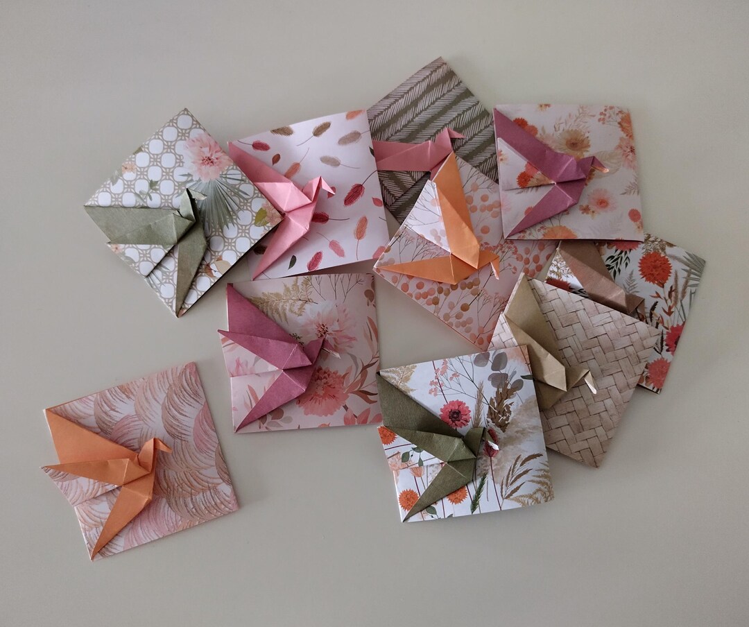 Set of 10 Handmade Origami Crane Cards With Dried Flower Patterns ...