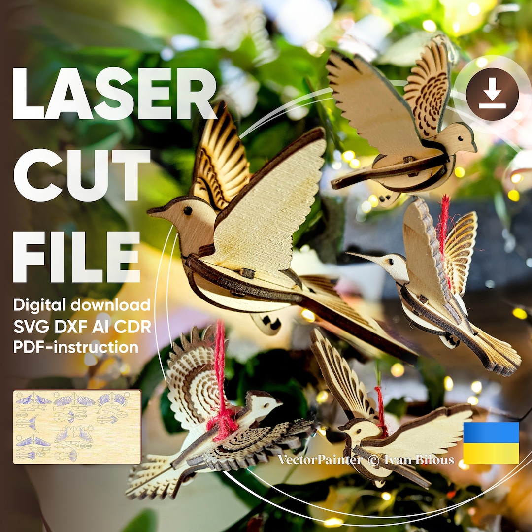 Bird Ornaments - SVG Laser Cut Files, Set of 5 Designs With Assembly ...