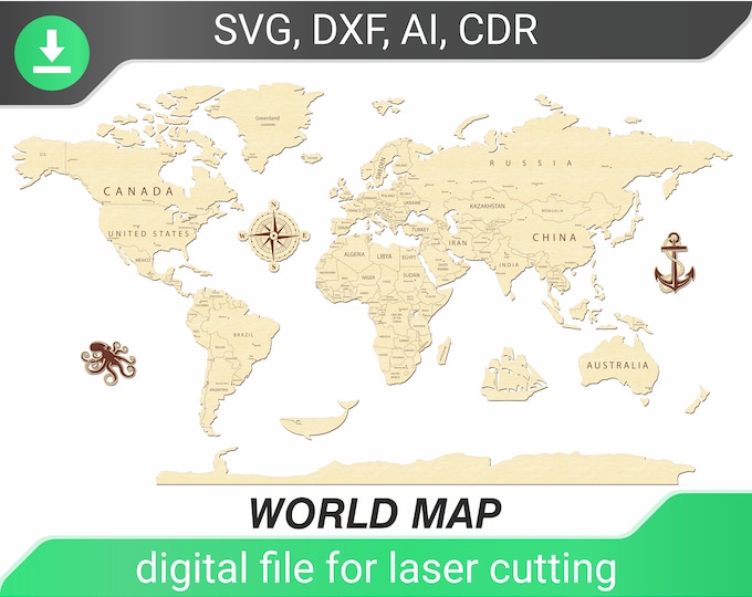 World Map Laser Cut File Laser Engraving Pattern - Etsy