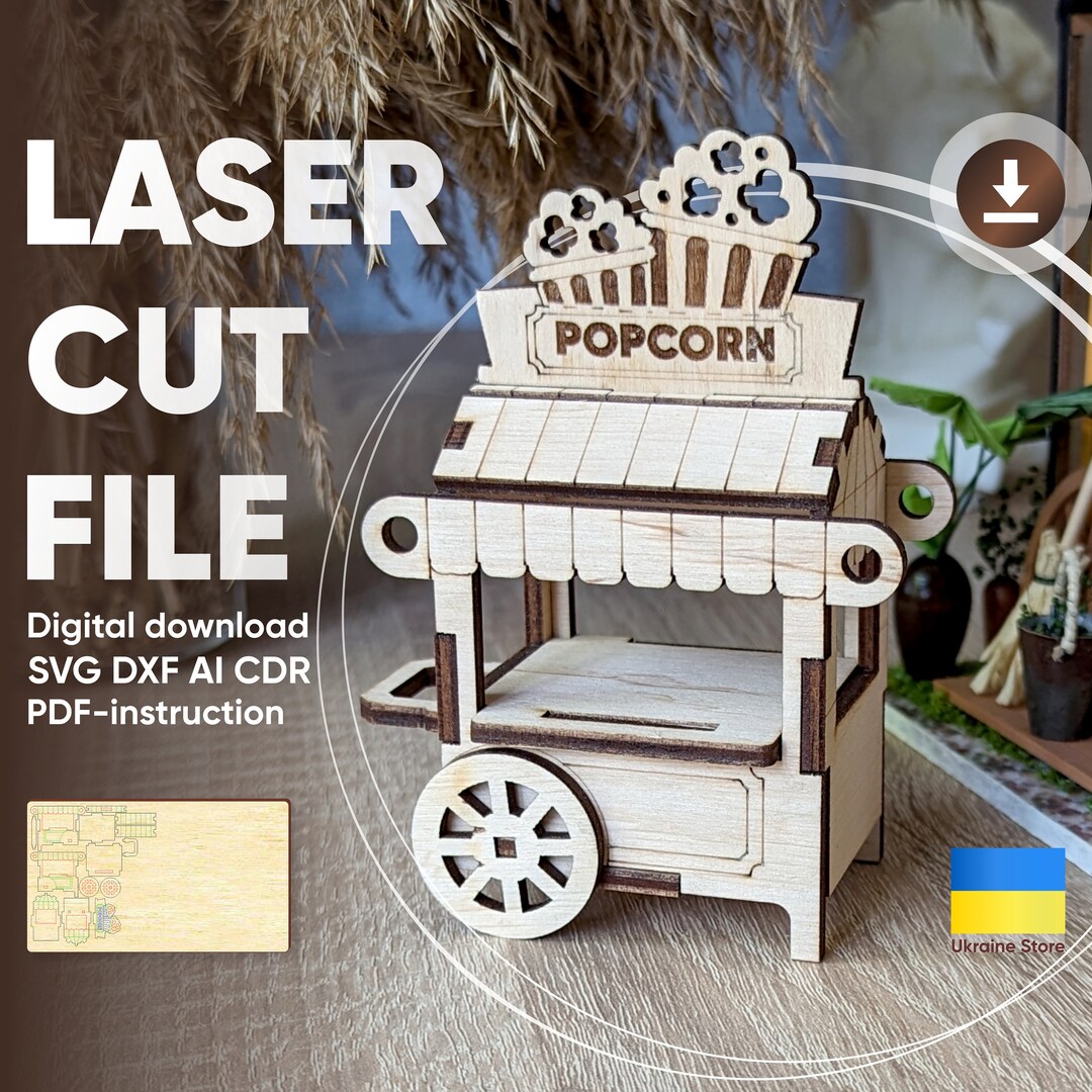 Popcorn Cart - SVG Laser Cut File, Wagon Ornament & Miniature 3d Puzzle ...