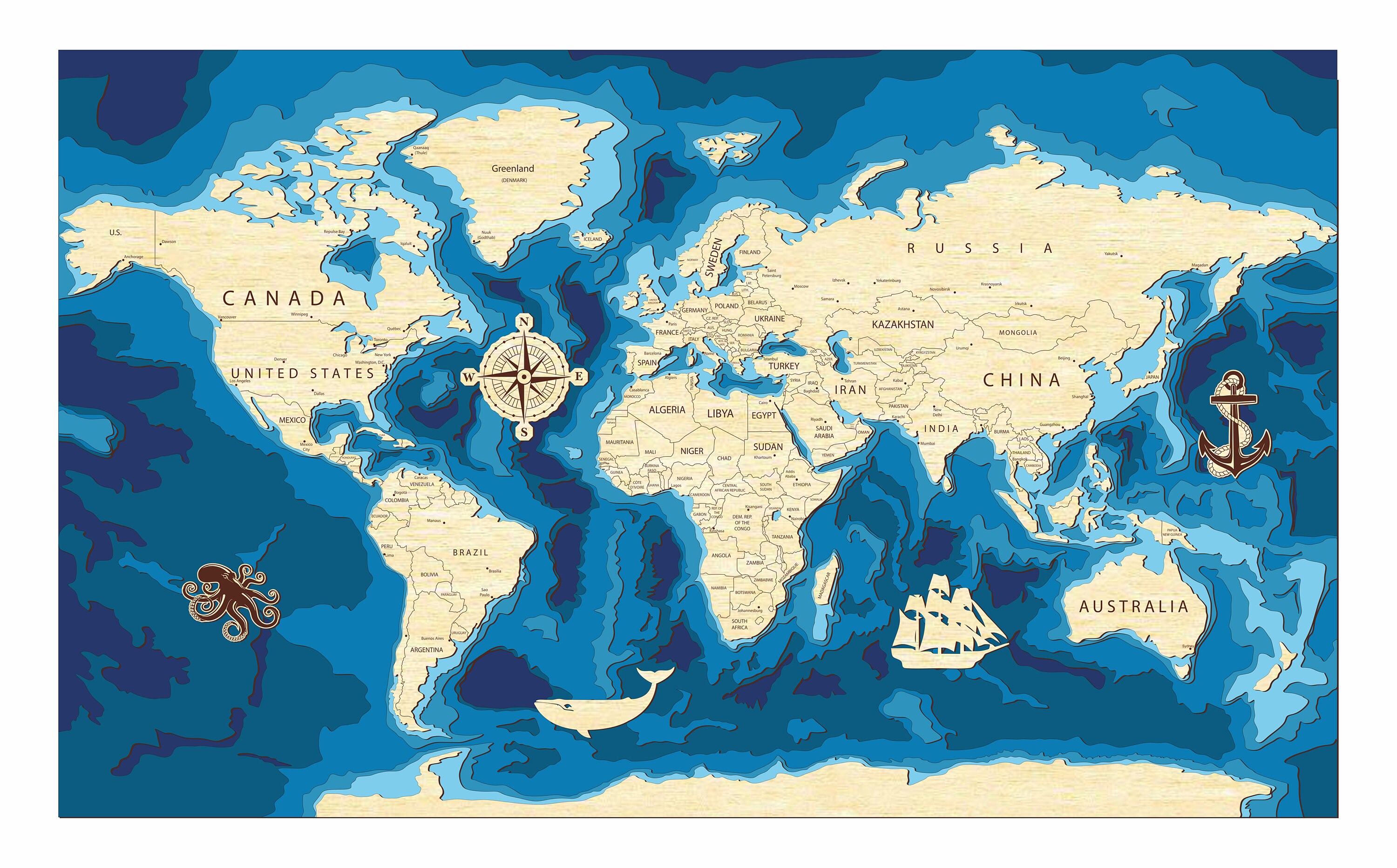 Layered world map dxf file for laser cut template bathymetric | Etsy