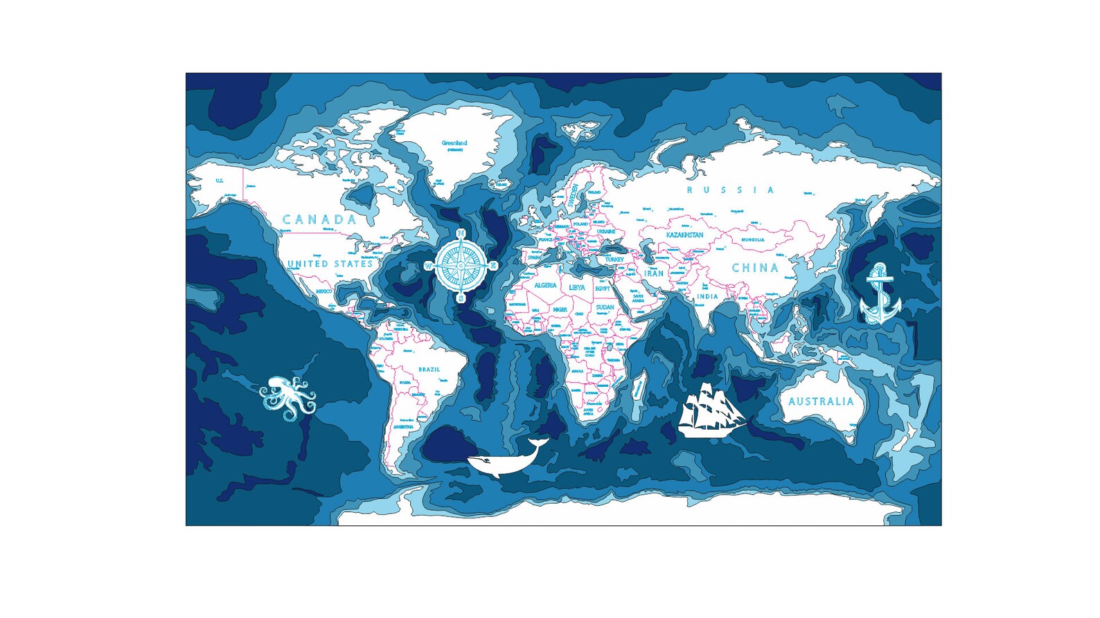 Layered world map dxf file for laser cut template bathymetric | Etsy