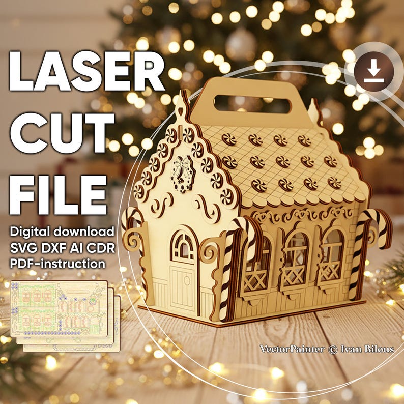 Gingerbread House - Laser Cut File, SVG Candy Box Digital Plan (instant ...