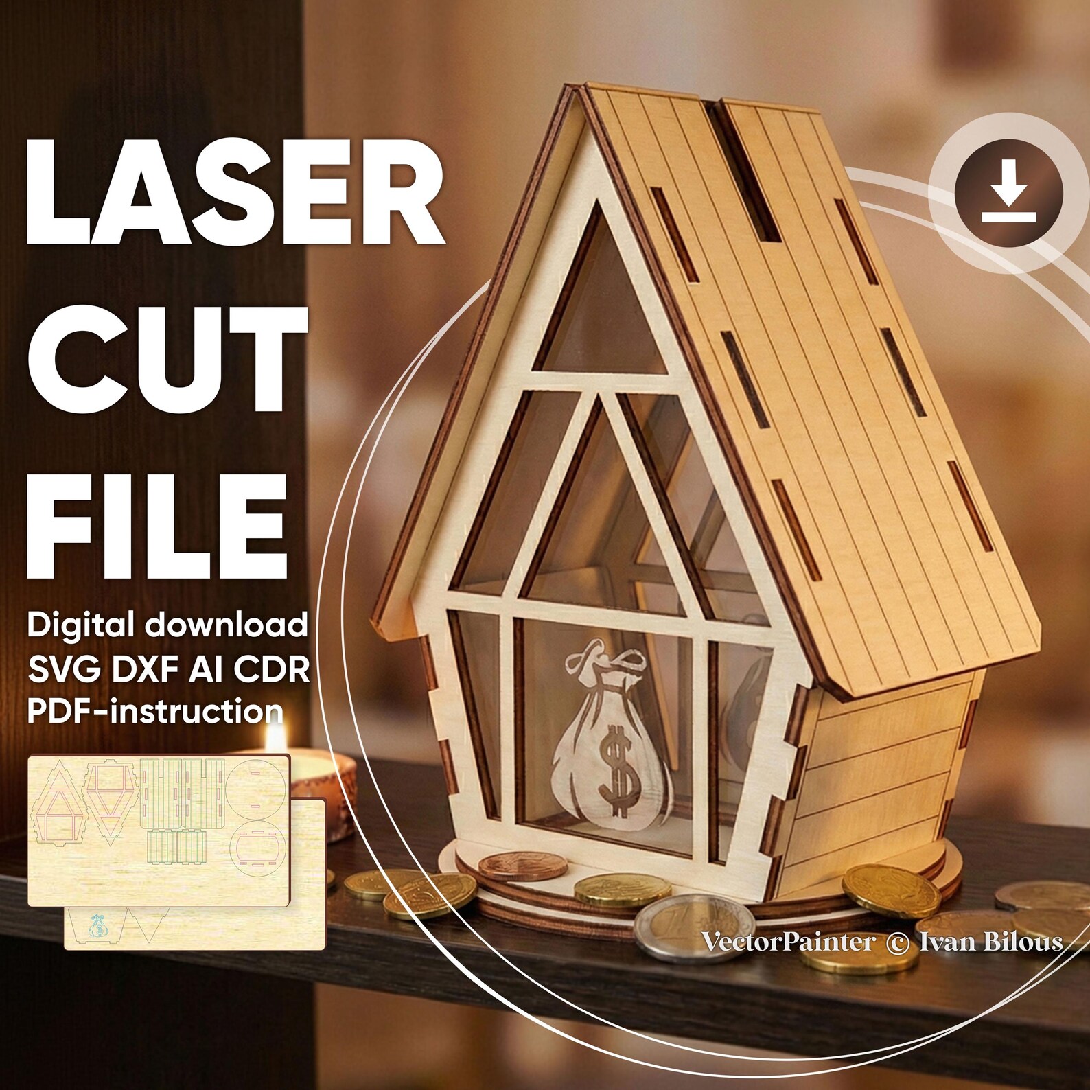 House Money Box Laser Cut File, DXF Wooden Savings Box Piggy Bank ...