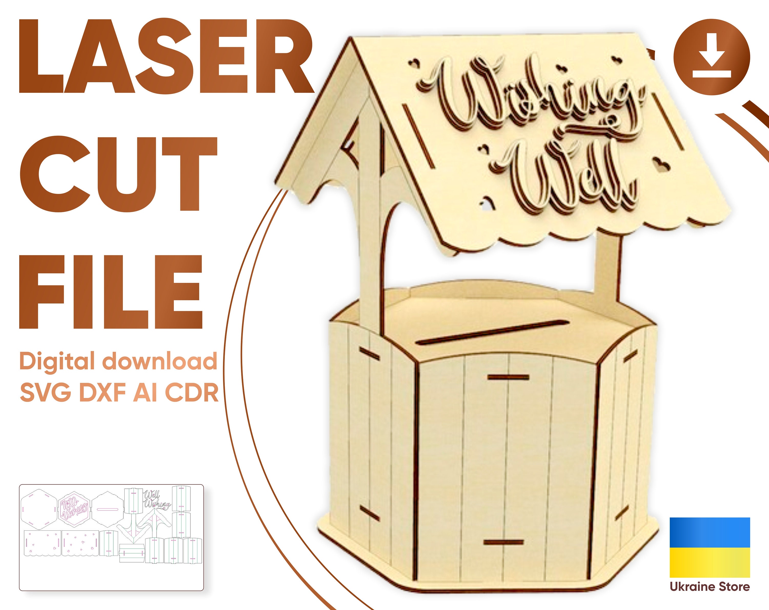 Wishing Well - SVG Laser Cutting File, Digital Vector Plan for Wedding ...