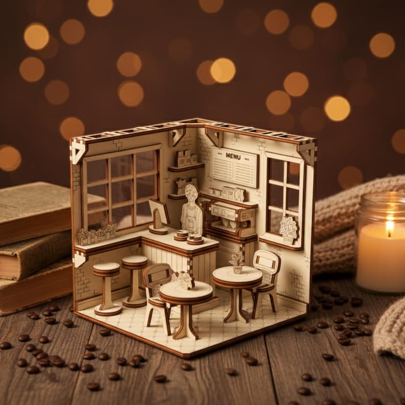 Coffee Shop Book Nook – Laser Cut File, DIY Diorama Plywood Template ...