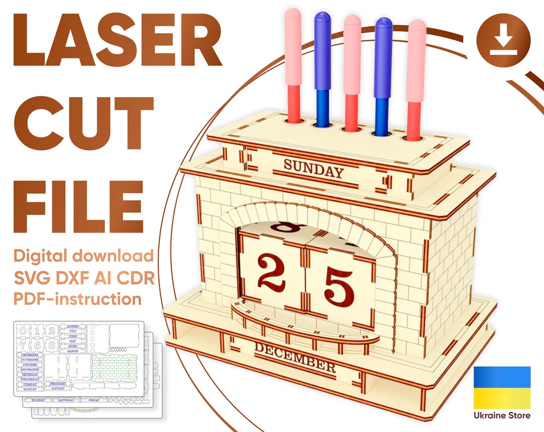Perpetual Calendar With Pen Holder - Laser Cut Files, Digital Vector ...