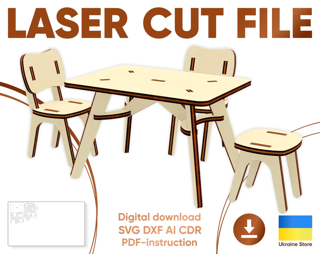Doll Furniture Table and Chairs - SVG Laser Cut Files, Digital Vector ...