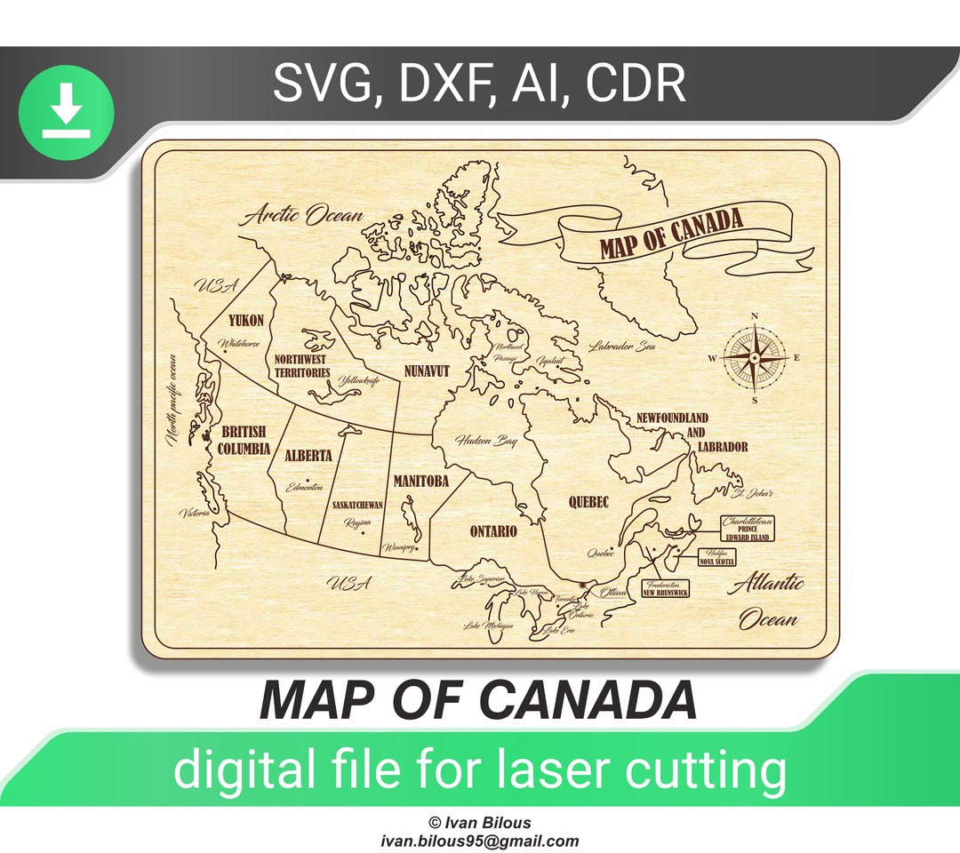 Canada Svg Laser File Glowforge Canada Map Dxf File Canada Laser Map of ...