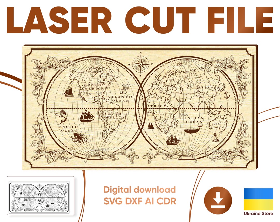Vintage World Map: Laser Cut SVG File (digital Download) - Etsy