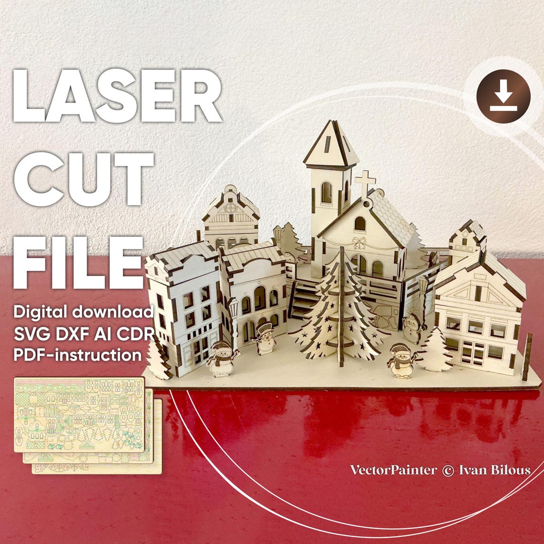 Christmas Town - Laser Cut File, SVG City Scene With Christmas Tree and ...