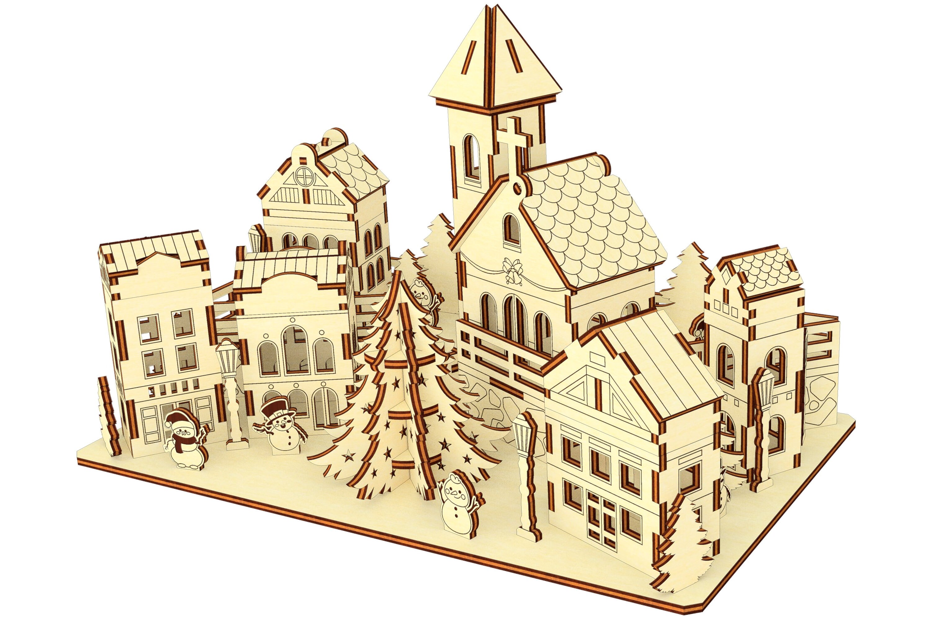 Christmas Town - Laser Cut File, SVG City Scene With Christmas Tree and ...