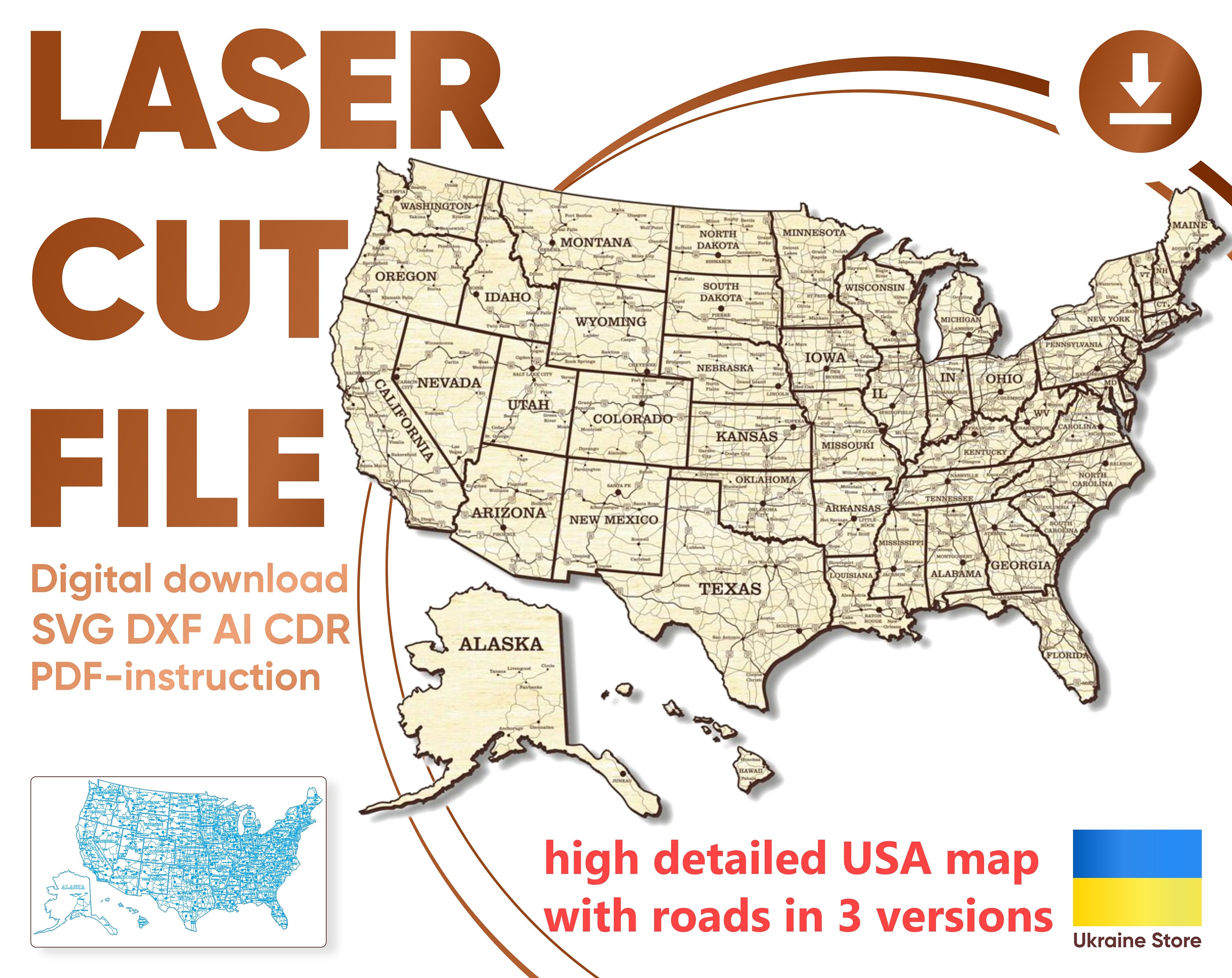 Laser Cut USA Map File: SVG United States Roads Vector Puzzle Template ...