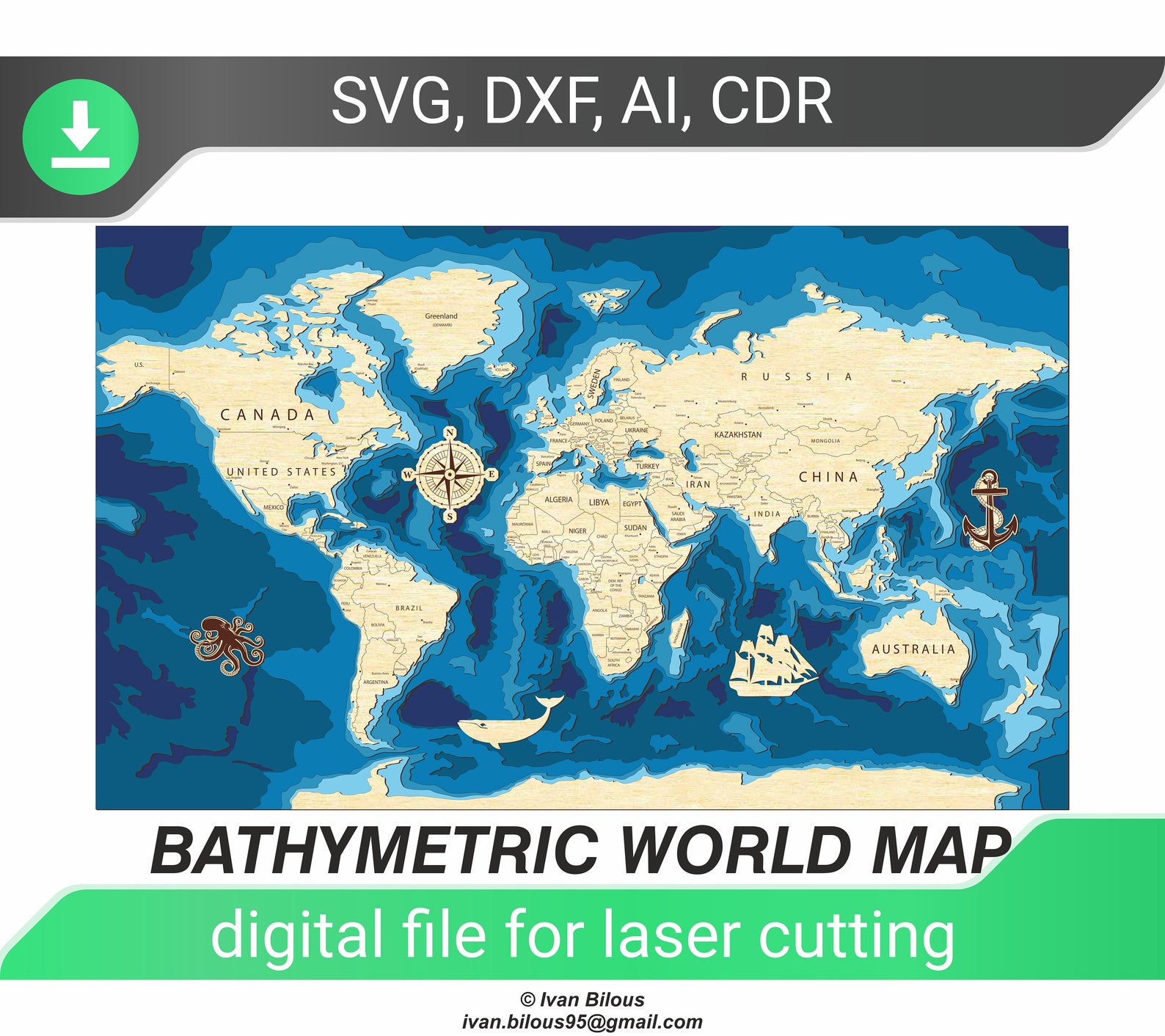 Layered world map dxf file for laser cut template bathymetric | Etsy