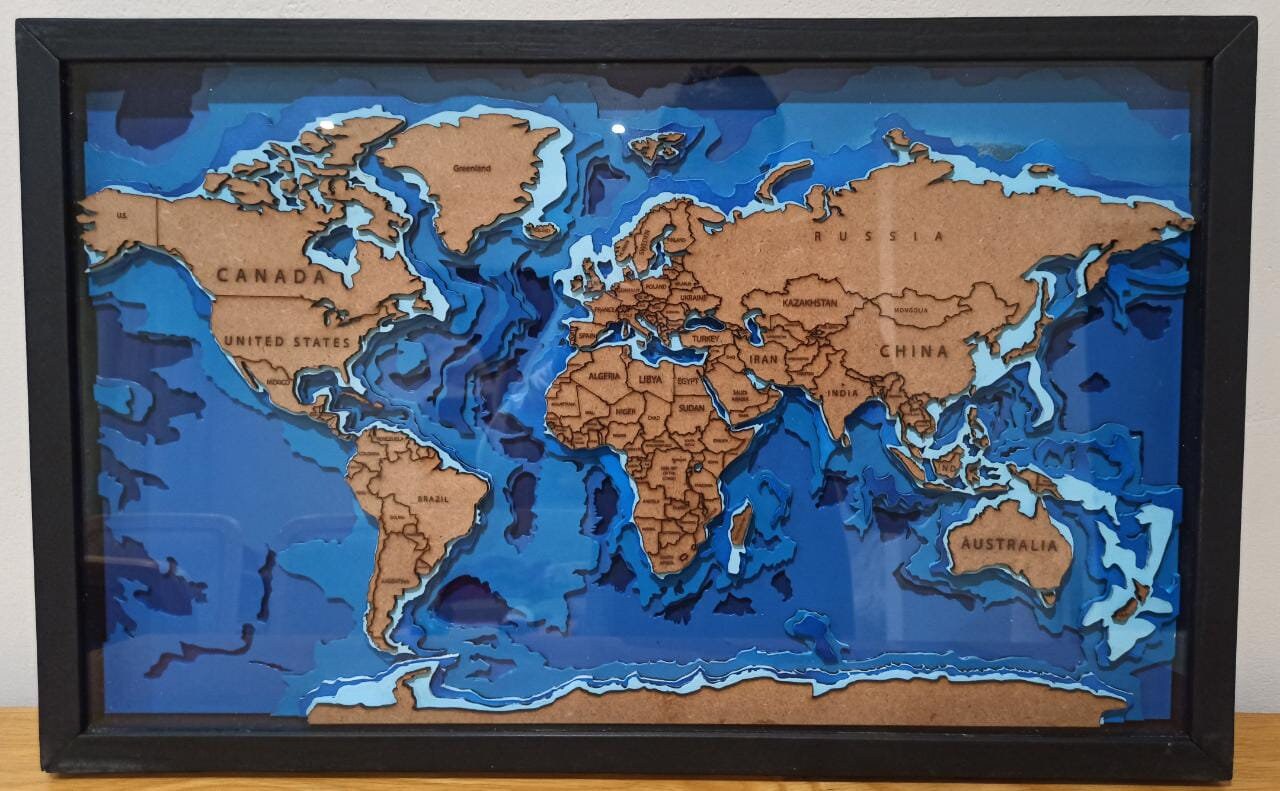 Layered world map dxf file for laser cut template bathymetric | Etsy