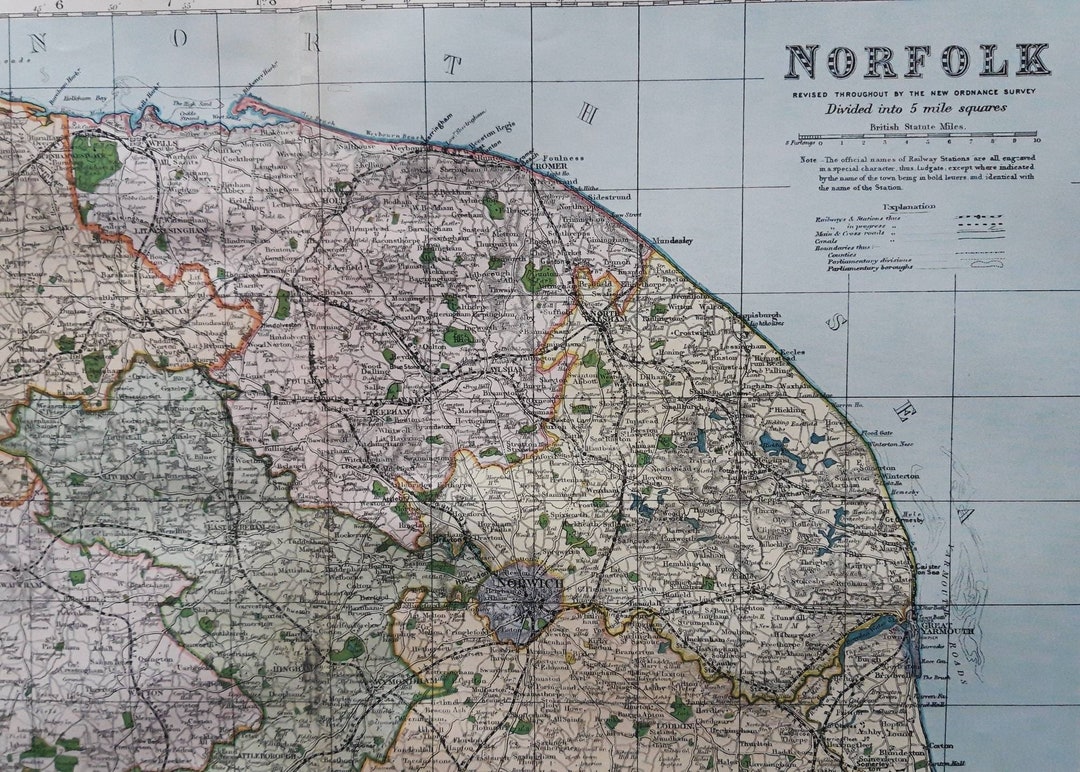 1912 Norfolk Map. Large Size Antique Original. 113 Yrs Old English ...