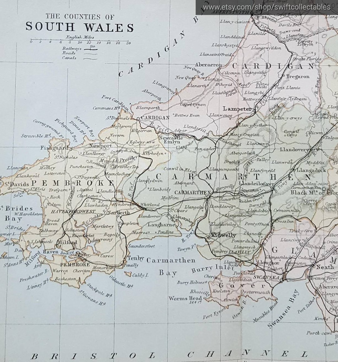 1876 South Wales Counties Map, Antique Map Wales, Welsh County ...
